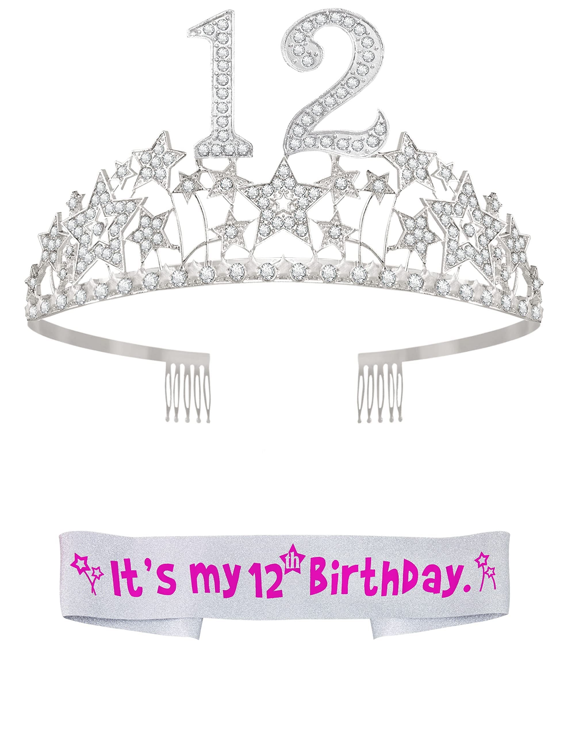 12th Birthday Glitter Sash & Silver Starry Sky Tiara Set for Girls ...