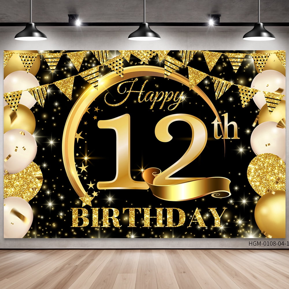 12th Happy Birthday Backdrop for boys girls Glitter Gold Balloons ...