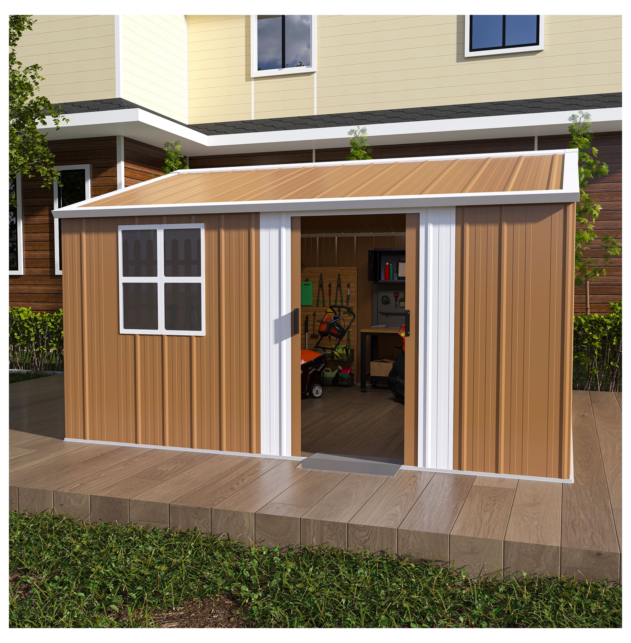 12x10 FT Heavy-Duty Metal Storage Shed with Windows, Lockable Door ...
