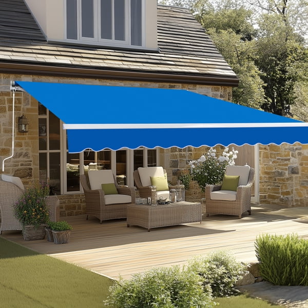 12x10FT Retractable Patio Awning – Blue Polyester Canopy, Adjustable ...