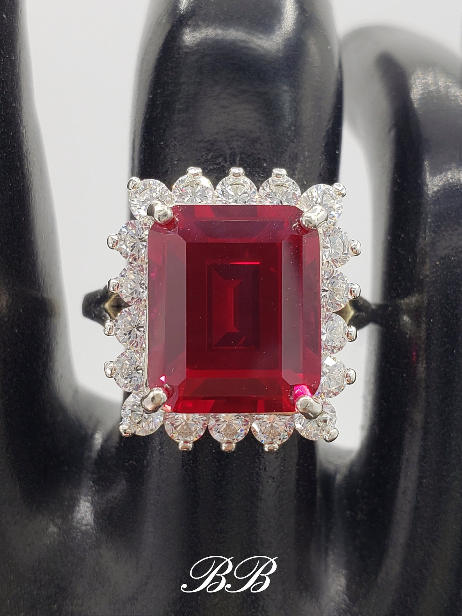12x10mm Lab Red Ruby, Emerald Cut, Halo Statement Ring, 6A Quality ...