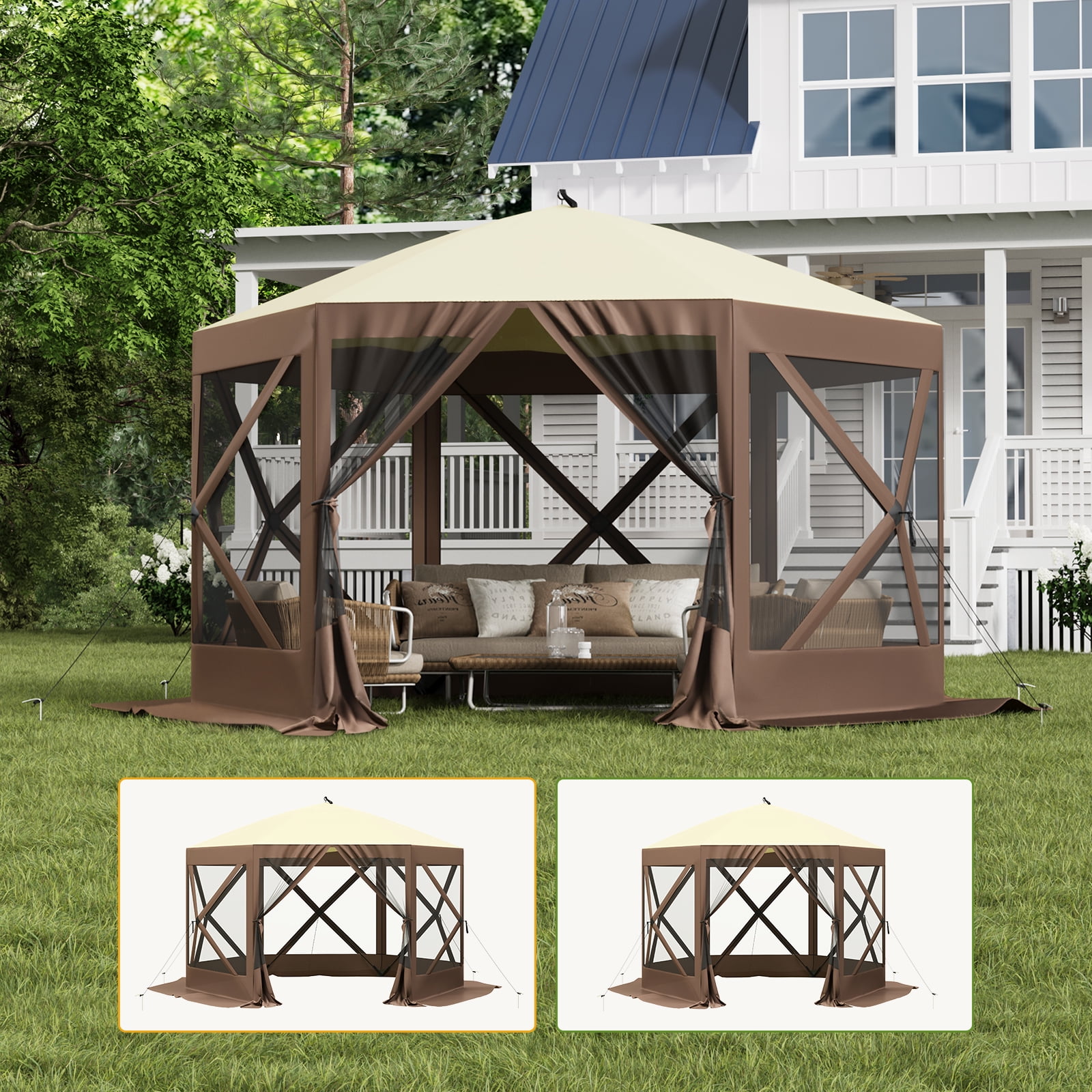 12x12 FT Camping Gazebo, Portable Pop Up Canopy Screen Tent 6 Sided ...