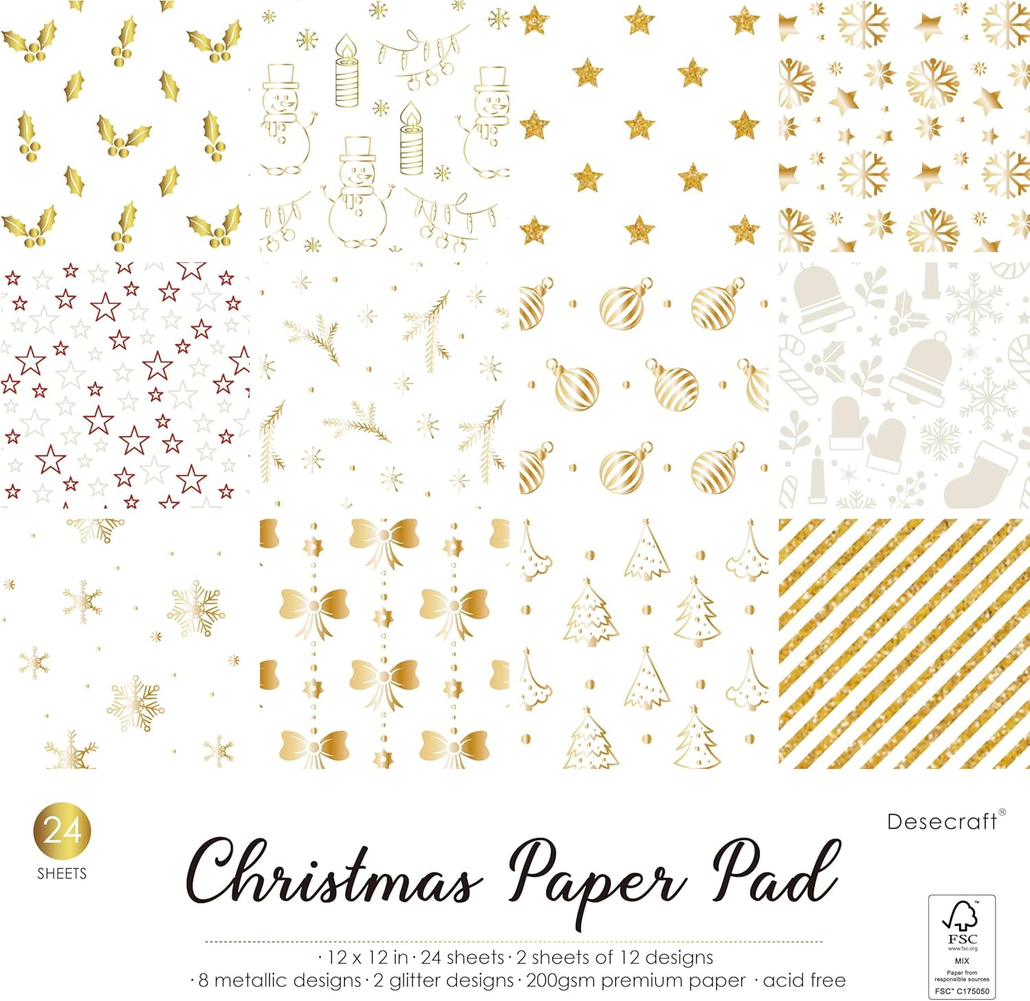 12x12 Metallic GOLD Christmas Scrapbook Cardstock Decorative Paper for ...