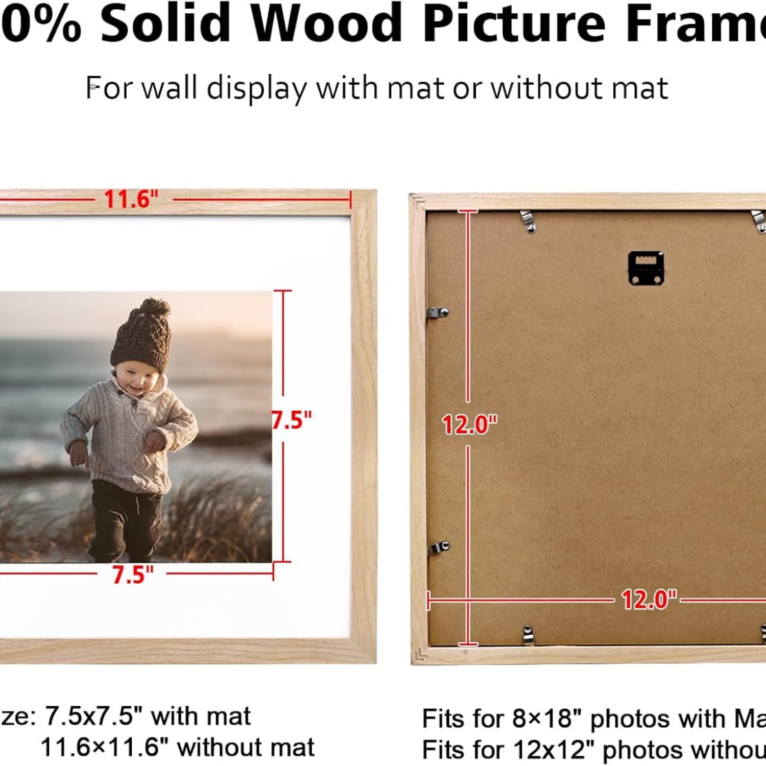 12x12 Picture Frame, Natural Square Solid Wood Frames for Pictures 8x8 ...