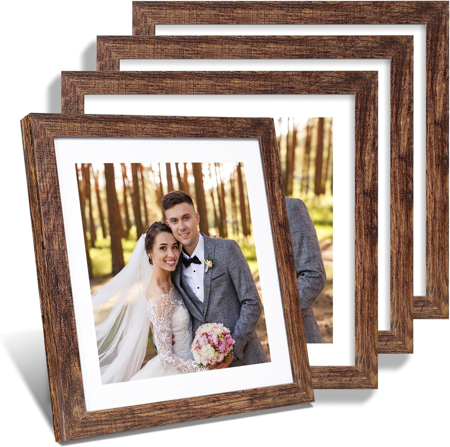 12x12 Picture Frame Set of 4 - Made of Glass and Rustic Brown Wooden ...