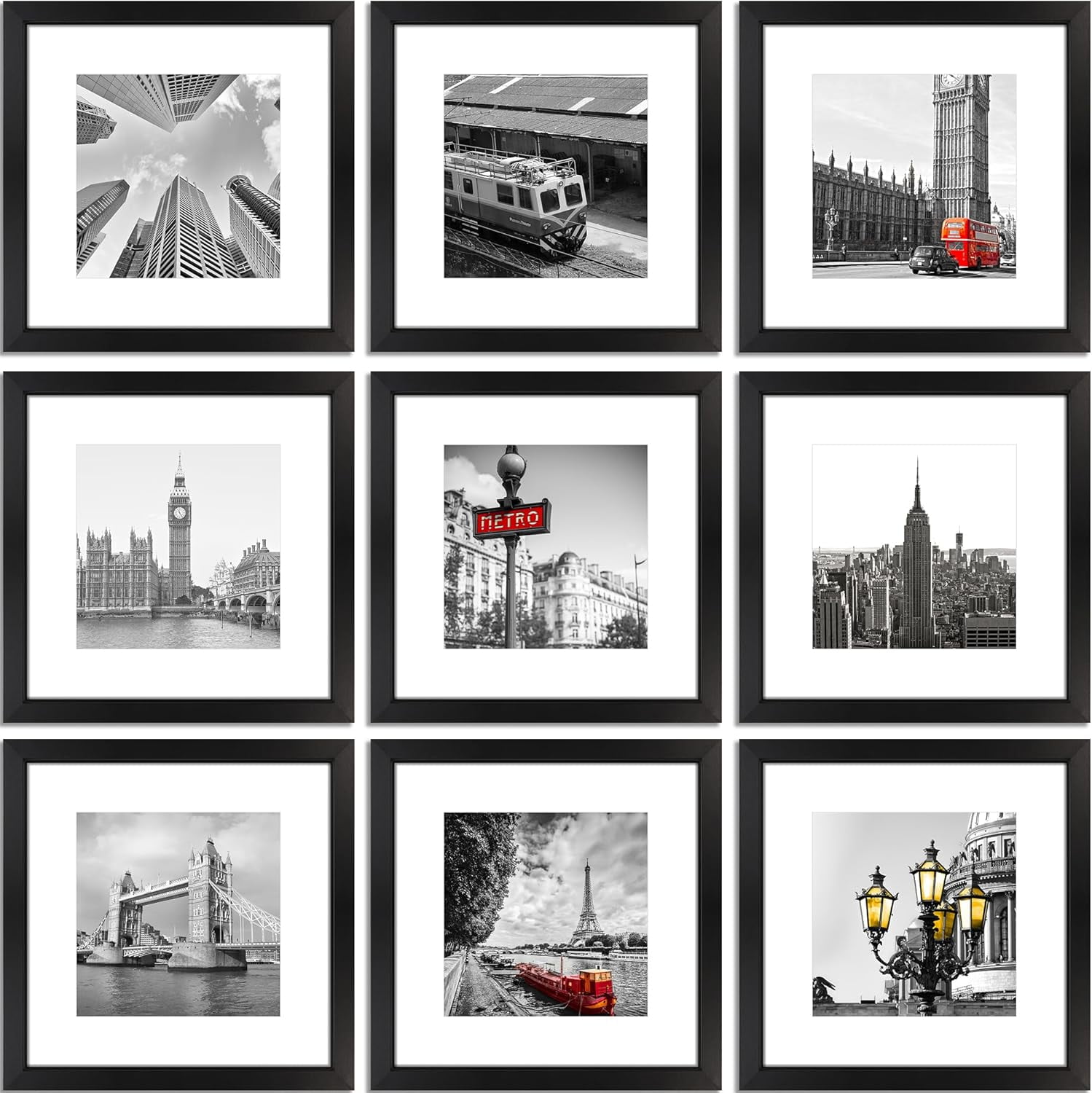 12x12 Picture Frame Set of 9, Photo Gallery Wall Frame Set, Display Pictures 8x8 with Mat or 12 ...