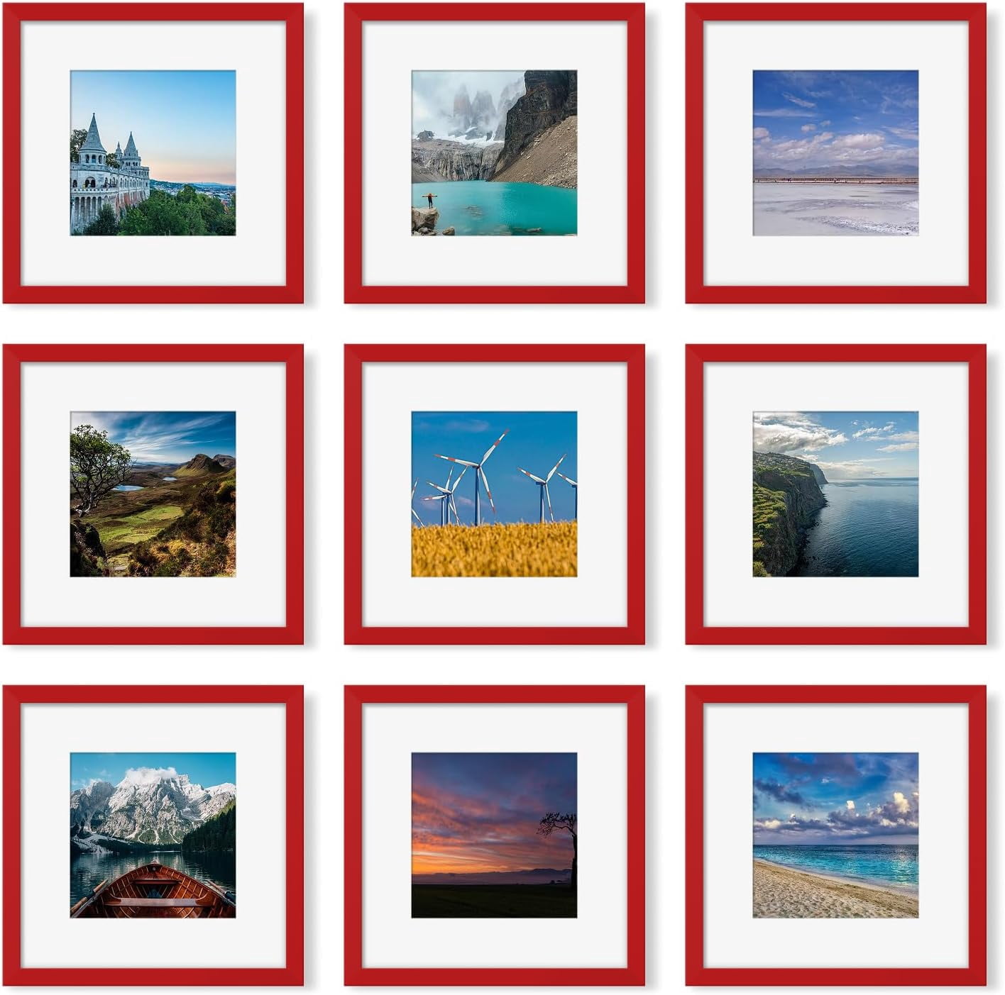 Set of 9 Red 12x12 Inch Picture Frames, Square Gallery Wall Photo ...