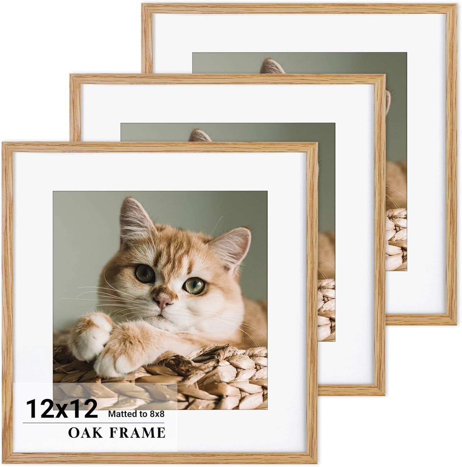 12x12 Picture Frame for wall, Premium Solid Oak Wood Frames Mat for 8x8 ...