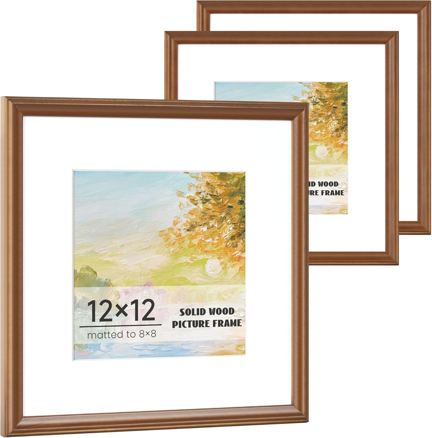 12x12 Square Picture Frame with Mat To 8x8, Solid Wood Vintage Picture ...
