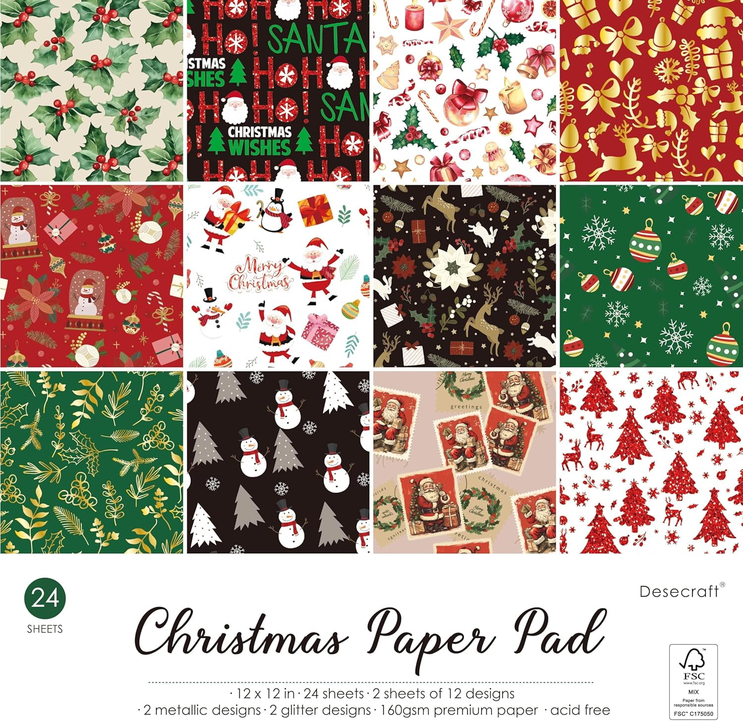 12x12 Tradtional Christmas Scrapbook Cardstock Decorative Paper for ...