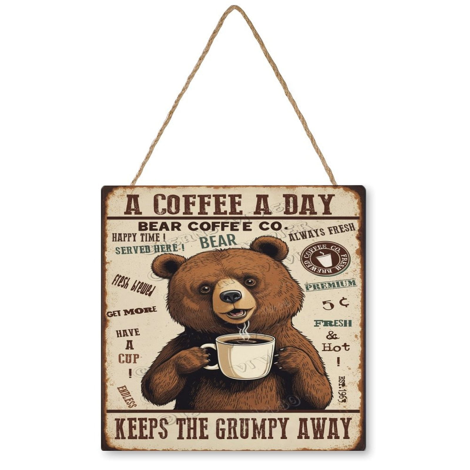 12x12 inches Retro Wood Hanging Sign - Square - Bear Decor Coffee A Coffee A Day Keeps The ...