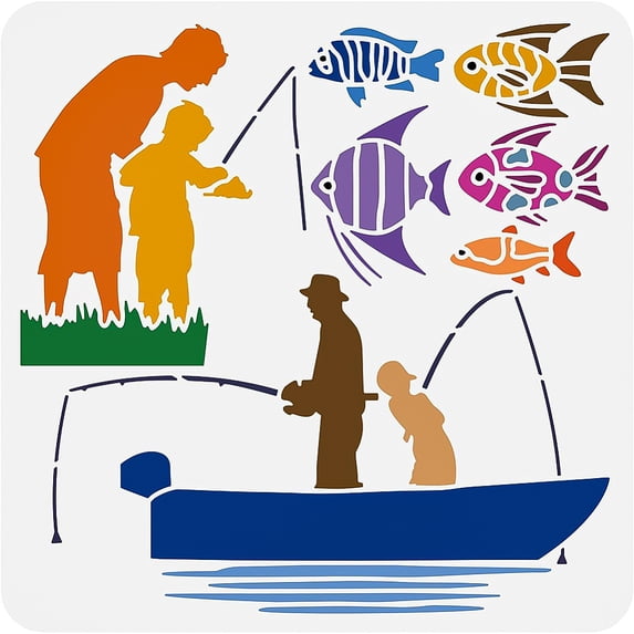 12x12inch Happy Fathers Day Drawing Stencil Fisherman in Fishing Boat ...