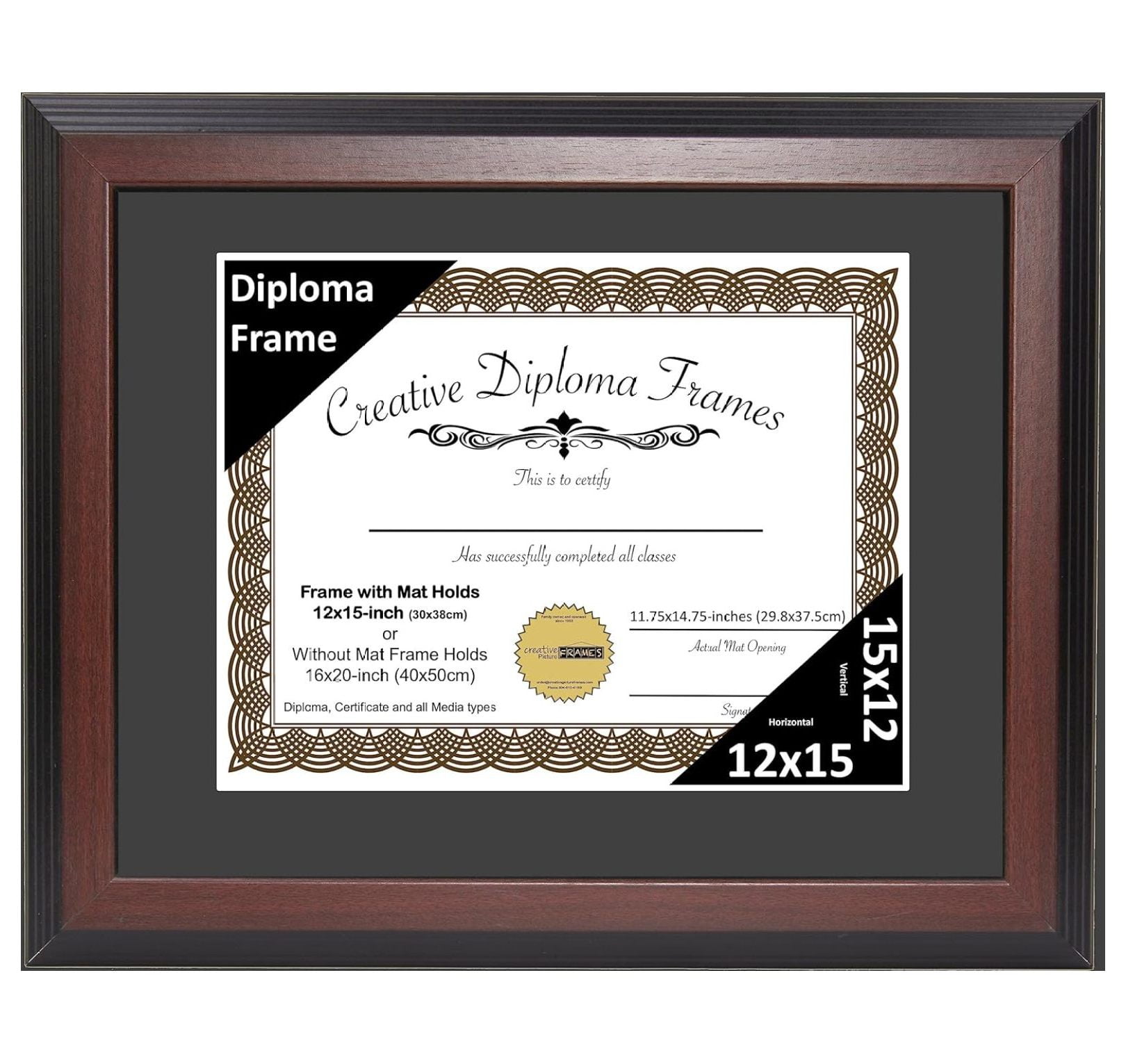12x15 Mahogany Finish Diploma Frame with Black Matting Holds 12 by 15 ...