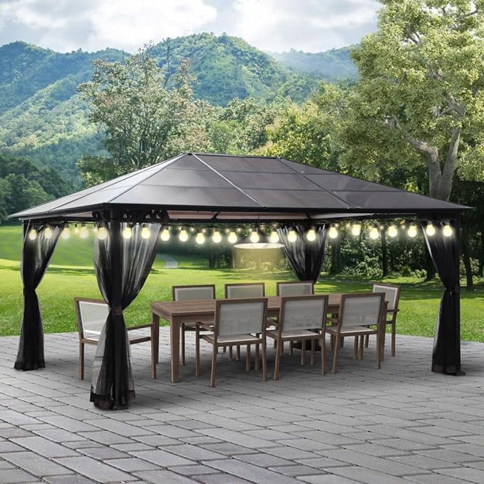 12x16 Hardtop Metal Grill Gazebo with Mosquito Net&Sunshade Curtains ...