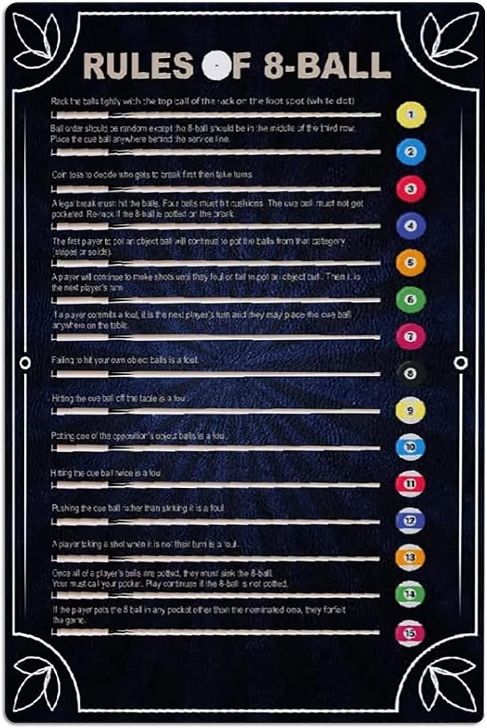 12x16 Inch Rules Of 8-Ball Metal Tin Sign Beginner's Guide To Billiards ...