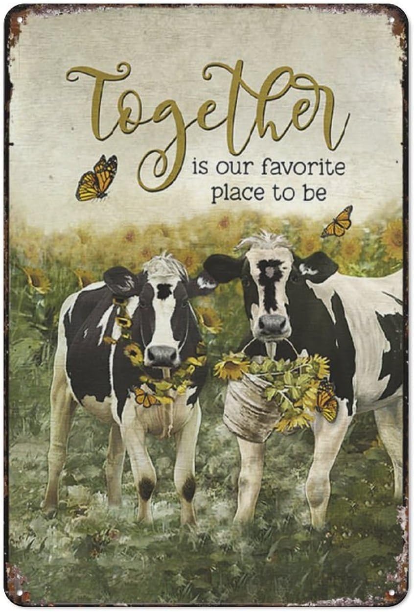 12x16 Inch Vintage Tin Sign Family Dairy Cow Drawing Sunflower Field ...