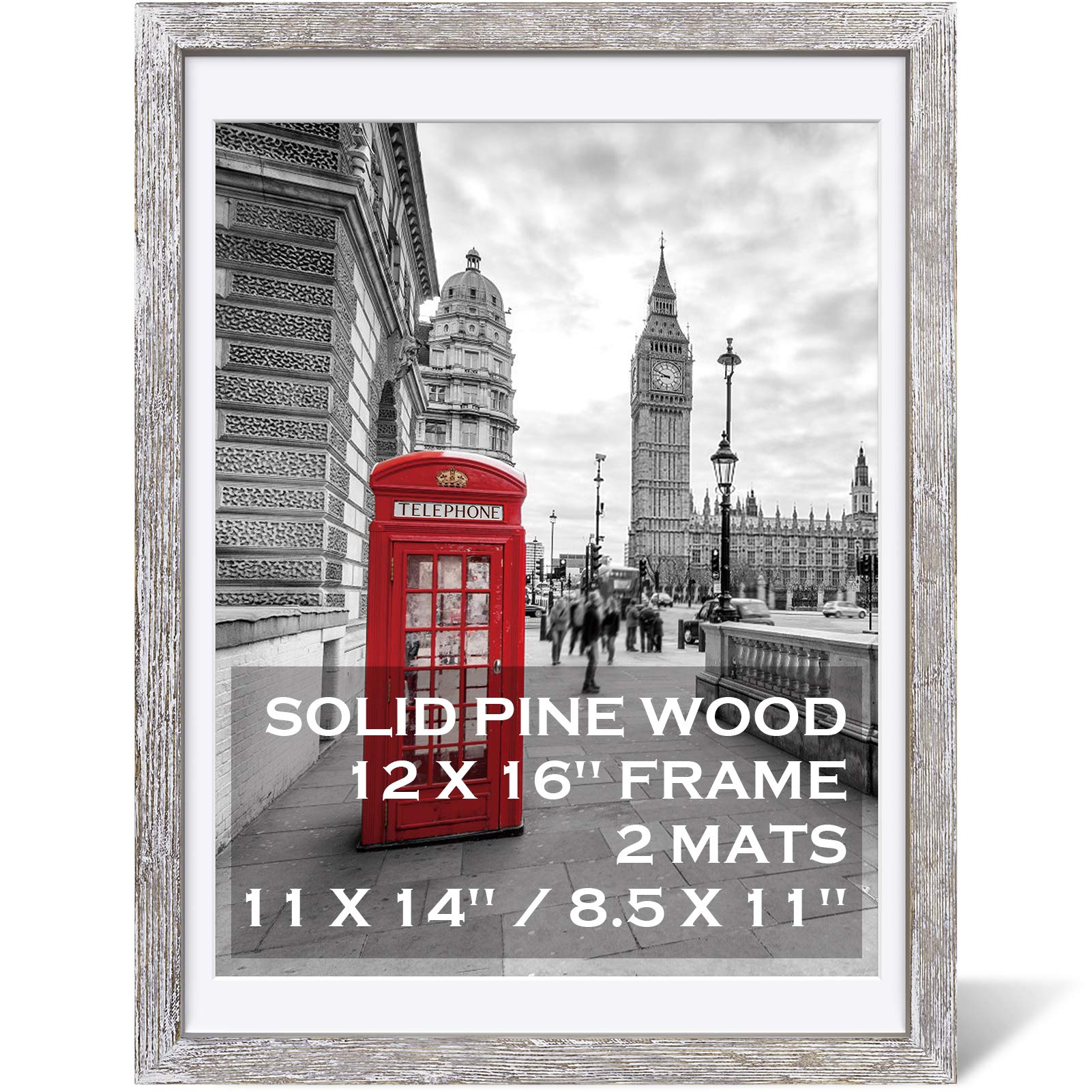 12x16 Rustic Picture Frame Solid Wood with Mat for 11x14 & 8.5x11 ...