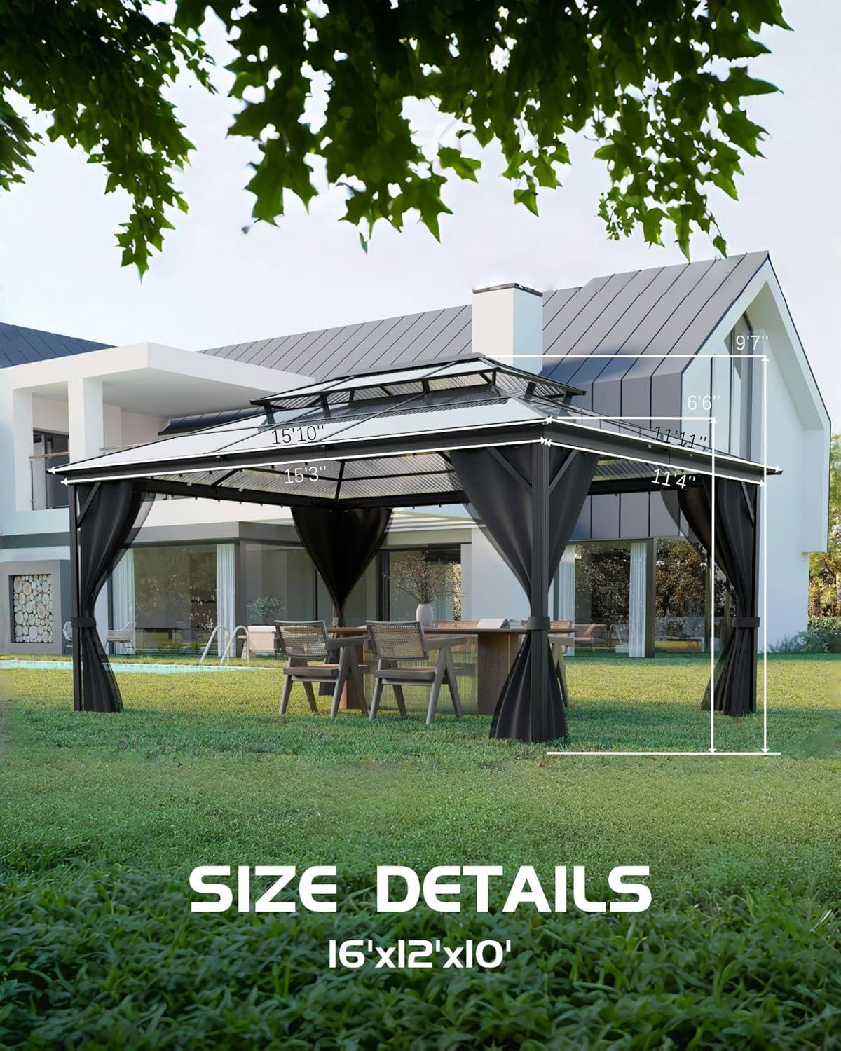 12x16 ft Grey Hardtop Gazebo, Aluminum Alloy Frame & Double ...