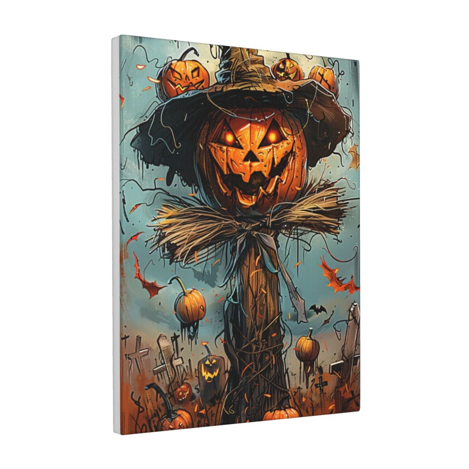 12x16 inch Canvas Painting Wall Art Pumpkin Scarecrow At Night,Yard ...