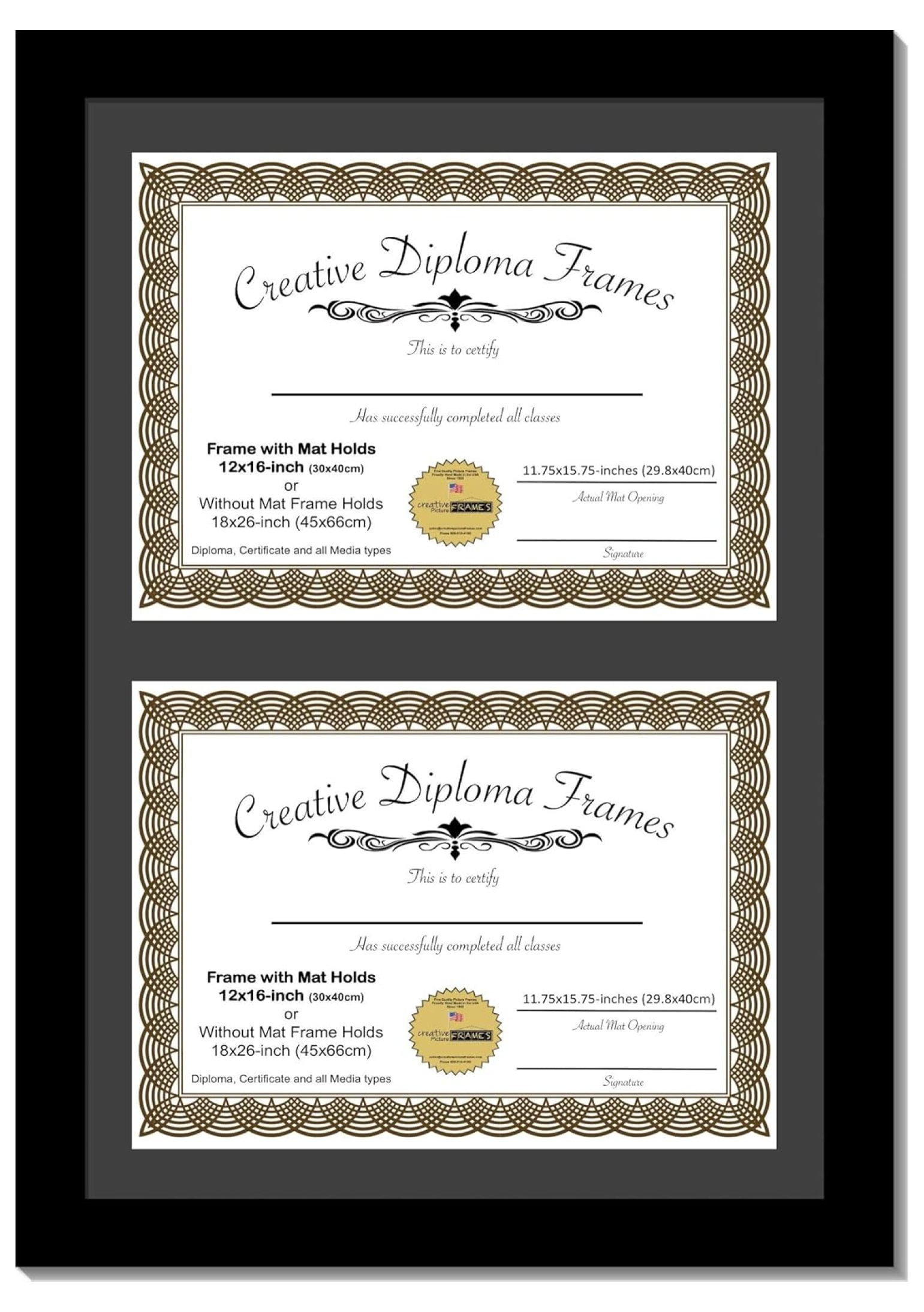 12x16 inch Classic Black Double Diploma Frame with Black Mat Glass and ...