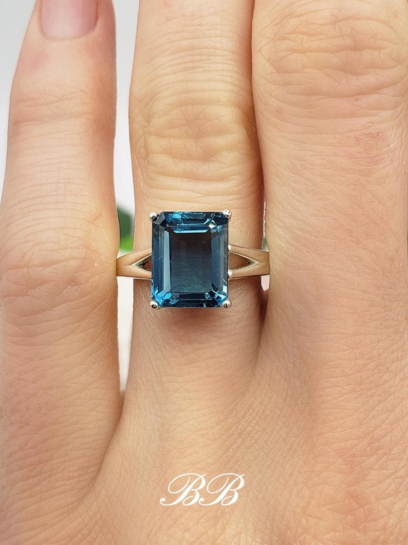 12x16mm Natural London Blue Topaz, Emerald Cut Solitaire Ring, Sterling ...