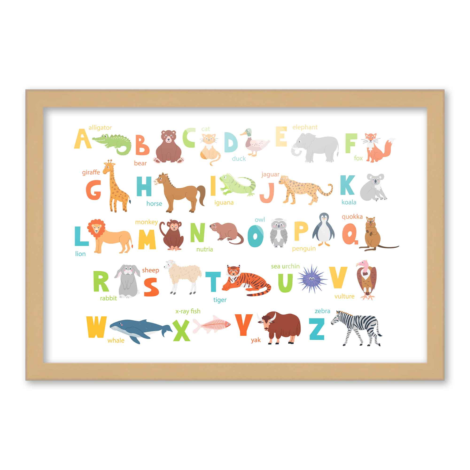12x18 Framed Nursery Wall Art Animal ABC Poster In Natural Wood Frame ...