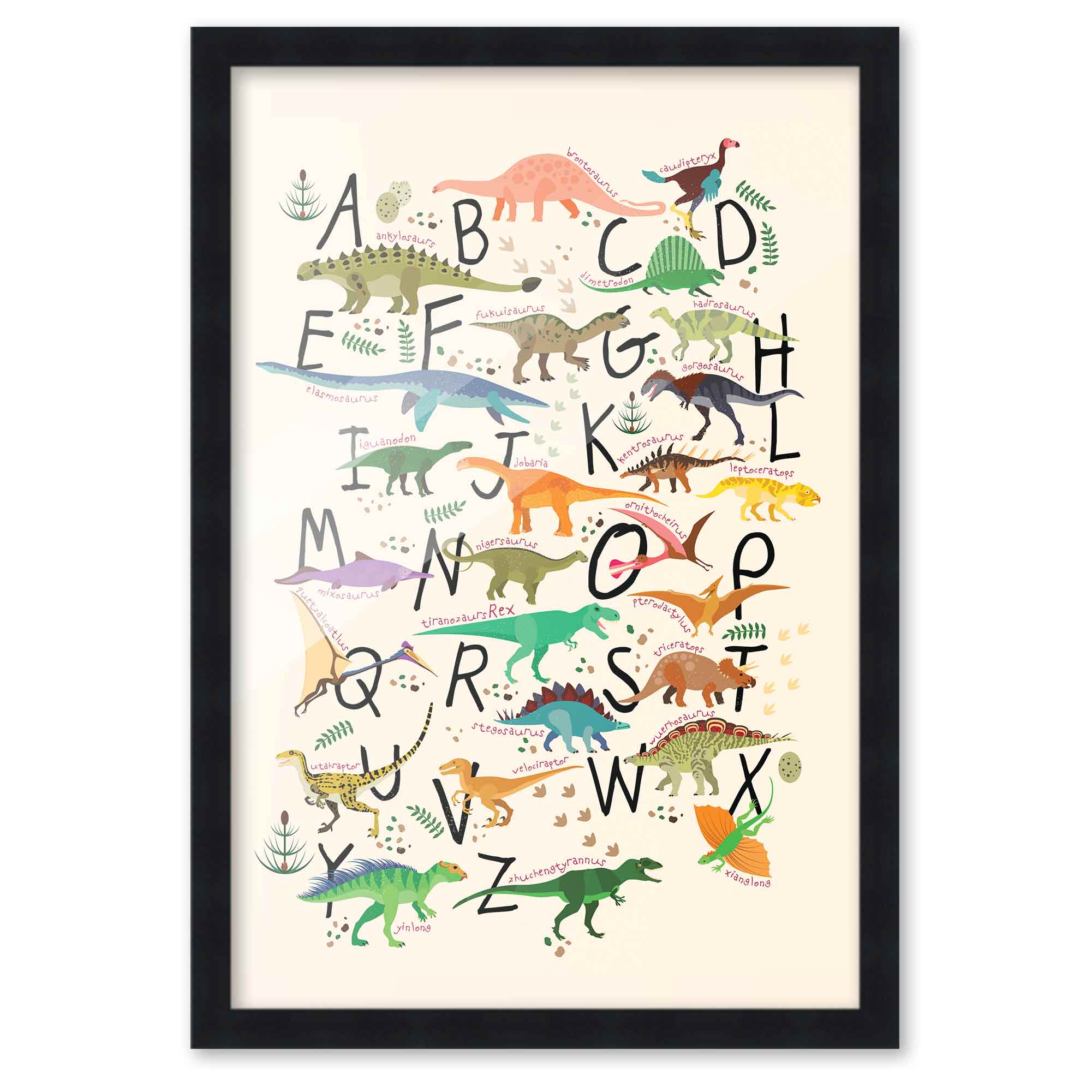 12x18 Framed Nursery Wall Art Dinosaur ABC Poster In Black Wood Frame ...
