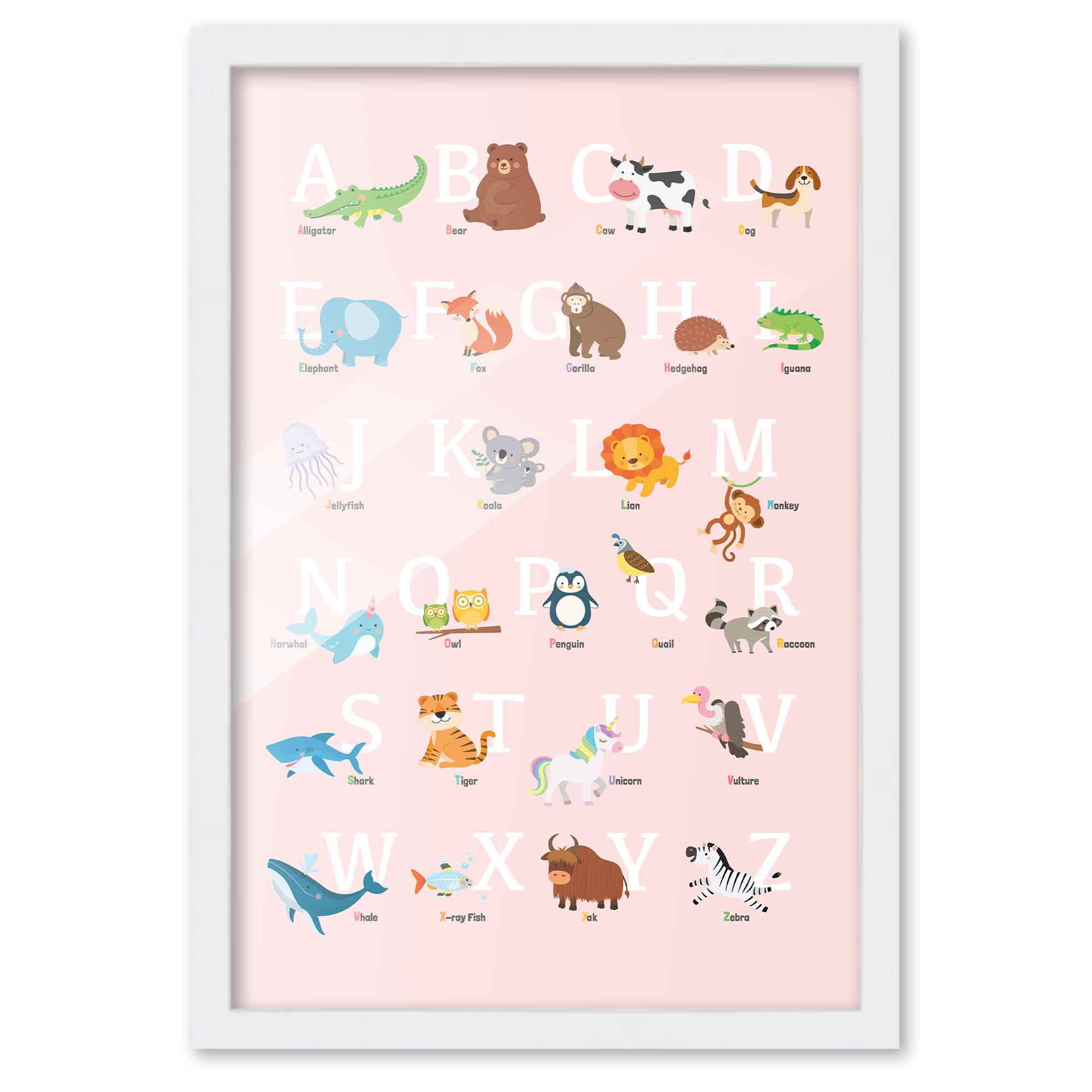 12x18 Framed Nursery Wall Art Pink Animal ABC Poster In White Wood ...