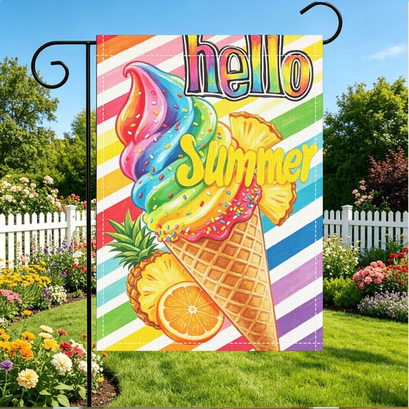 12x18 Inch Double Sided Garden Flag, Hello Summer Rainbow Ice Cream ...