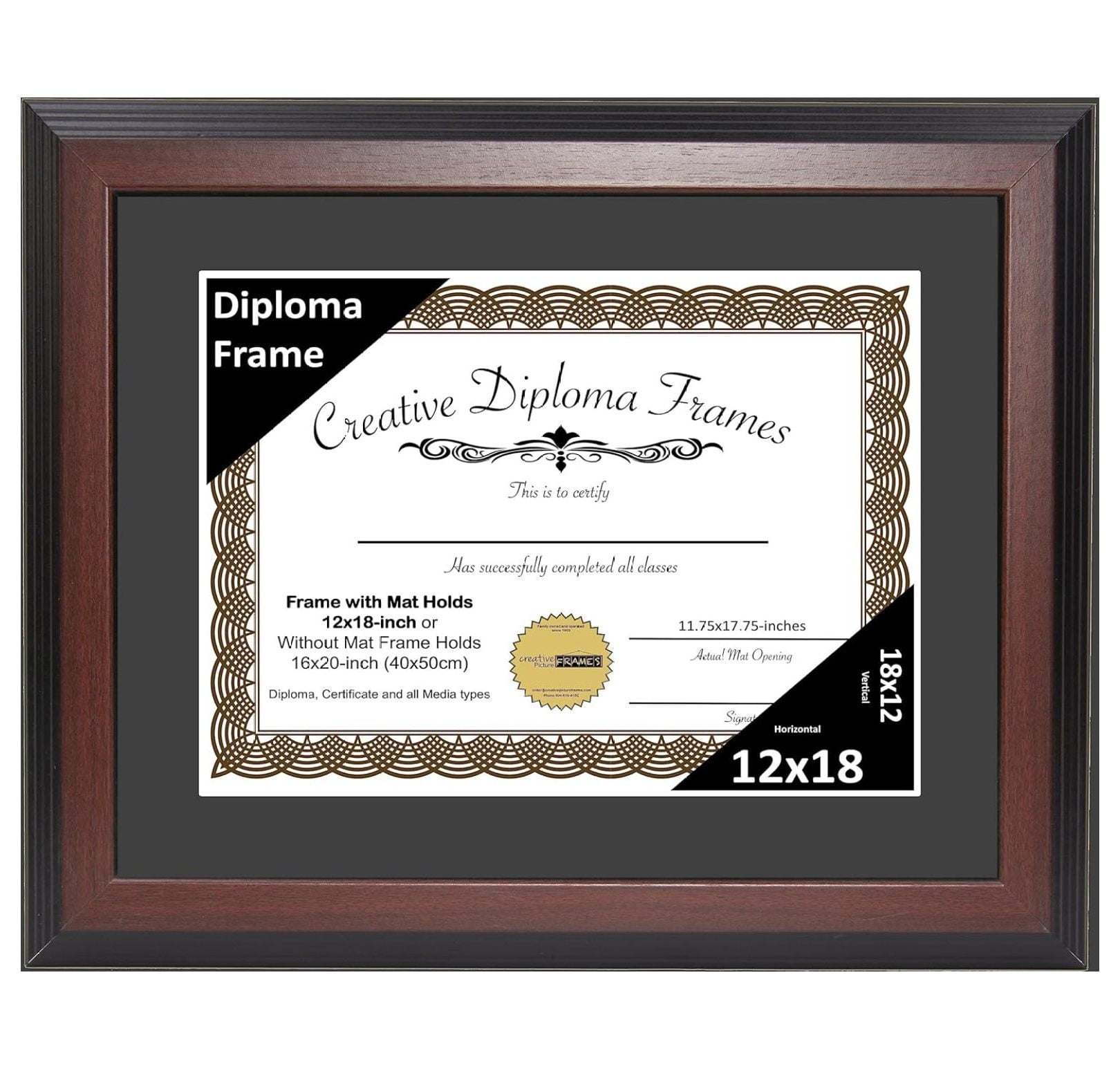 12x18 Mahogany Finish Diploma Frame with Black Matting Holds 12 by 18 ...