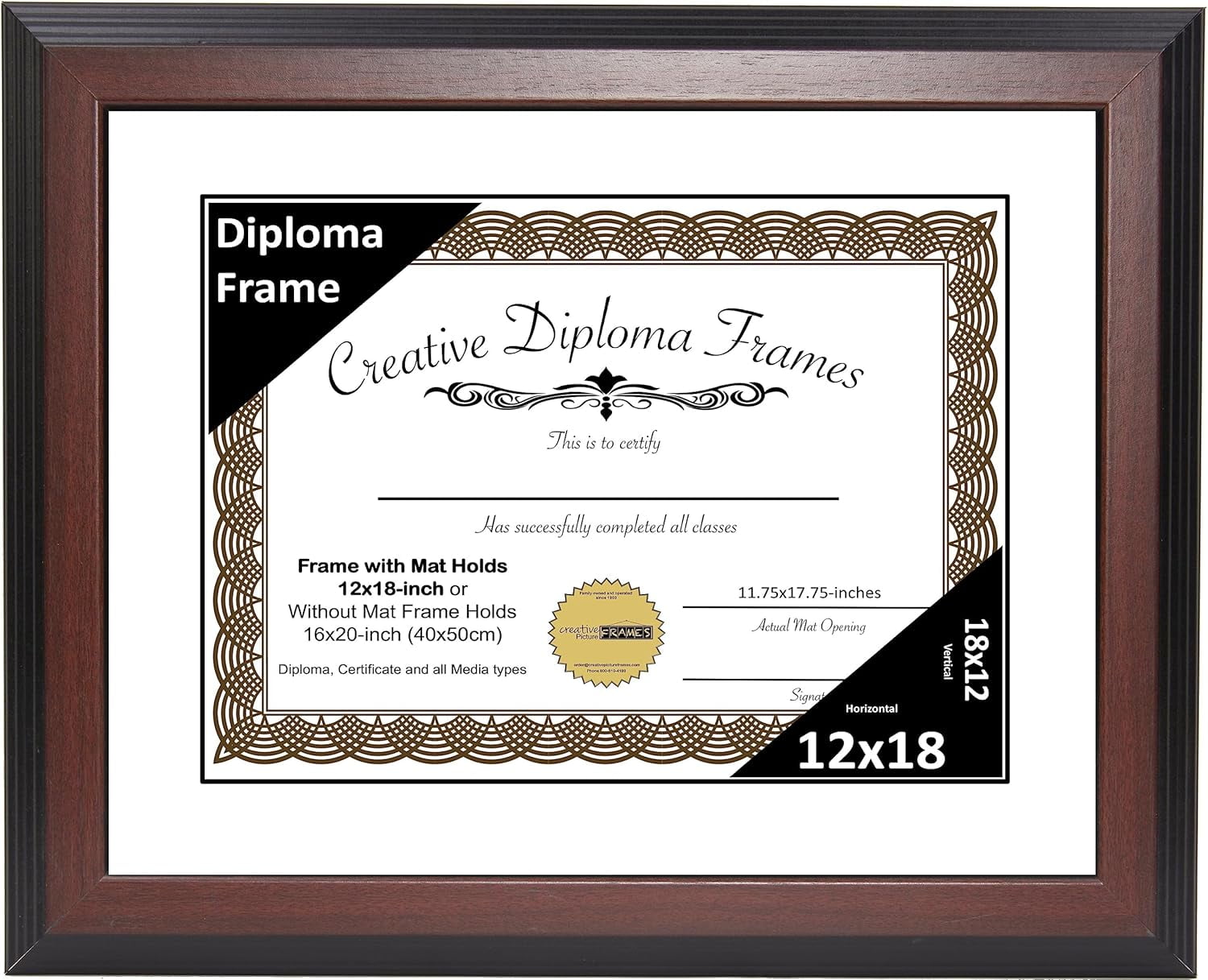 12x18 Mahogany Finish Diploma Frame with White Matting Holds 12 by 18 ...