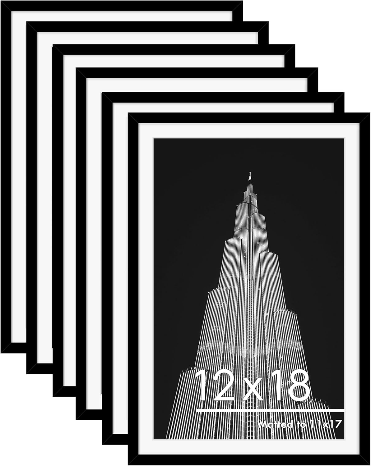12x18 Picture Frame Set of 6, Display Pictures 11x17 with Mat or 12x18 ...