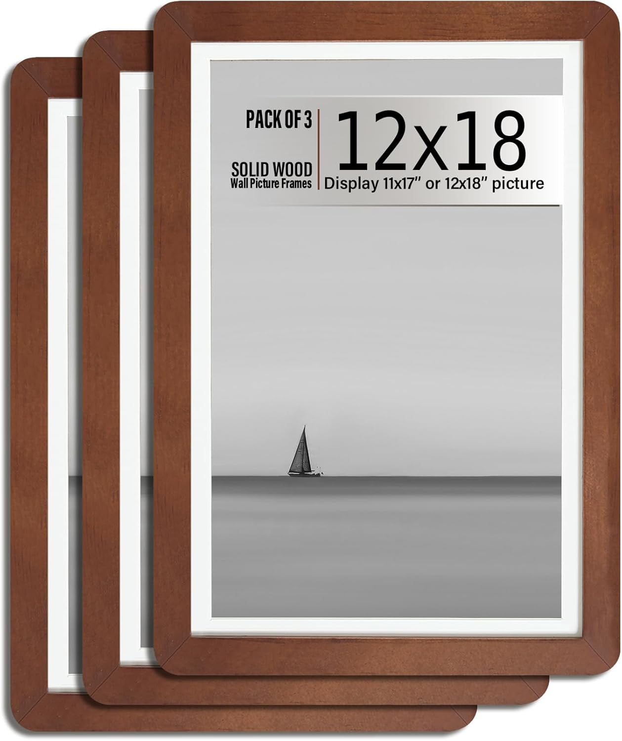 12x18 Picture Frame, Solid Wood, 3 Pack Photo Frames, Display Pictures ...