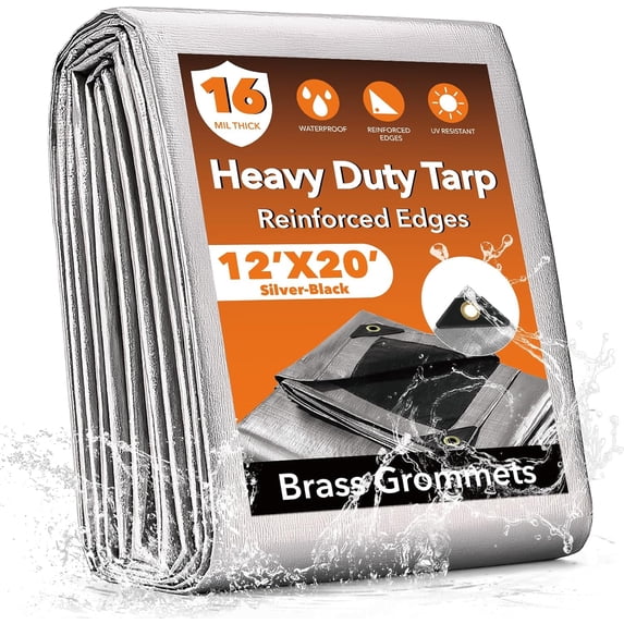 12x20FT Waterproof Tarp, 16 Mil Heavy Duty Tarps with Reinforced Edges ...