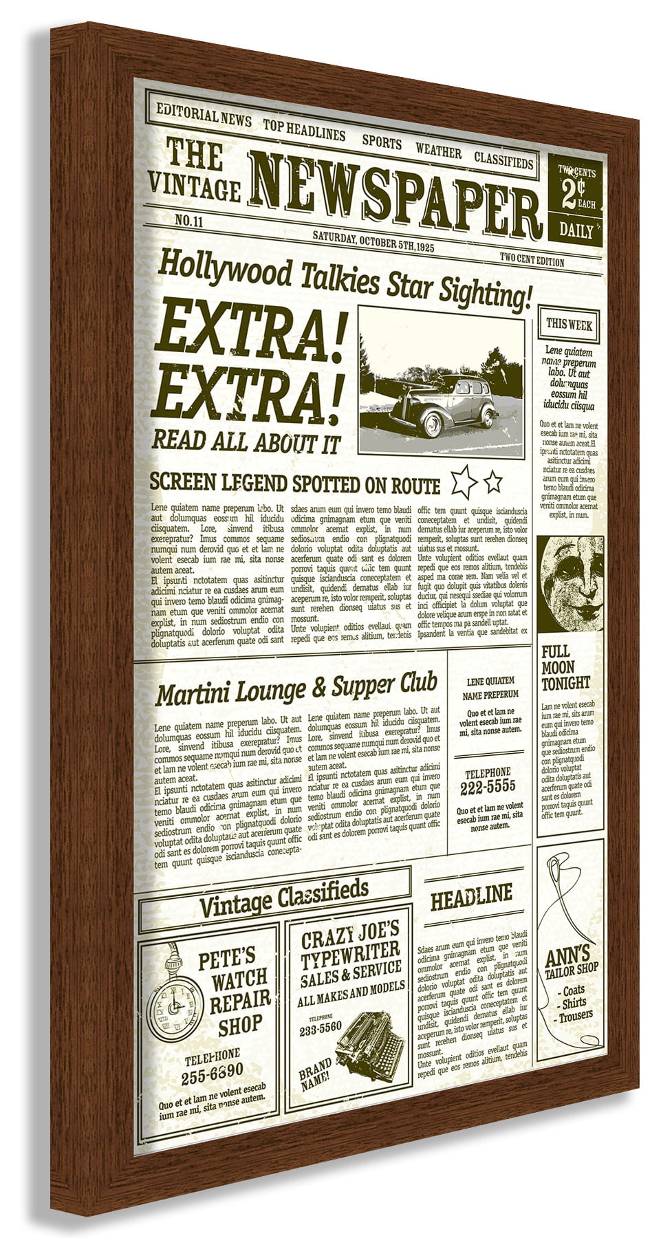 12x22.75 Newspaper Frame - Brown Wood - Acid Free, UV Acrylic to ...