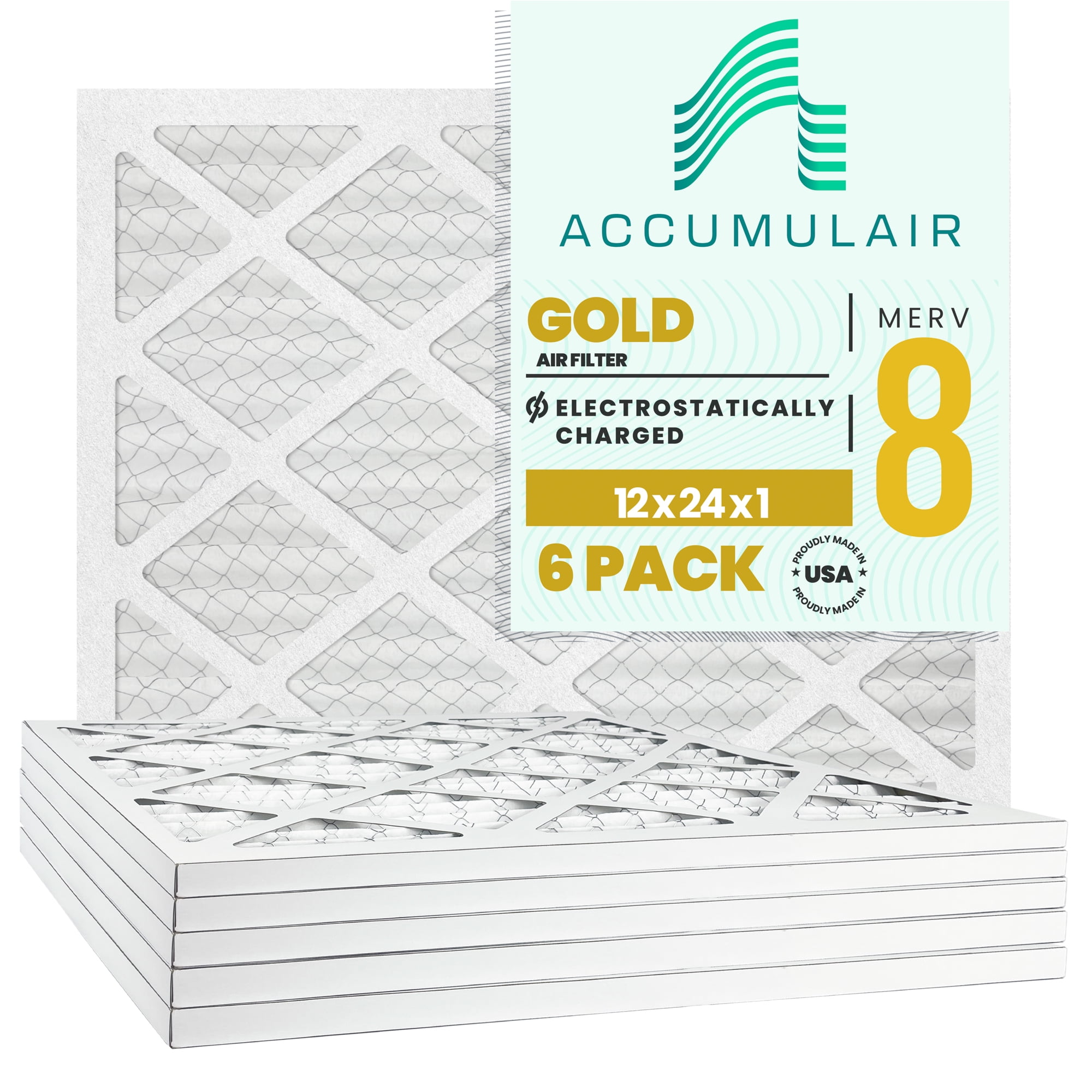 12x24x1 (11.75 x 23.75) Accumulair Gold 1-Inch Filter (MERV 8) (6 Pack ...