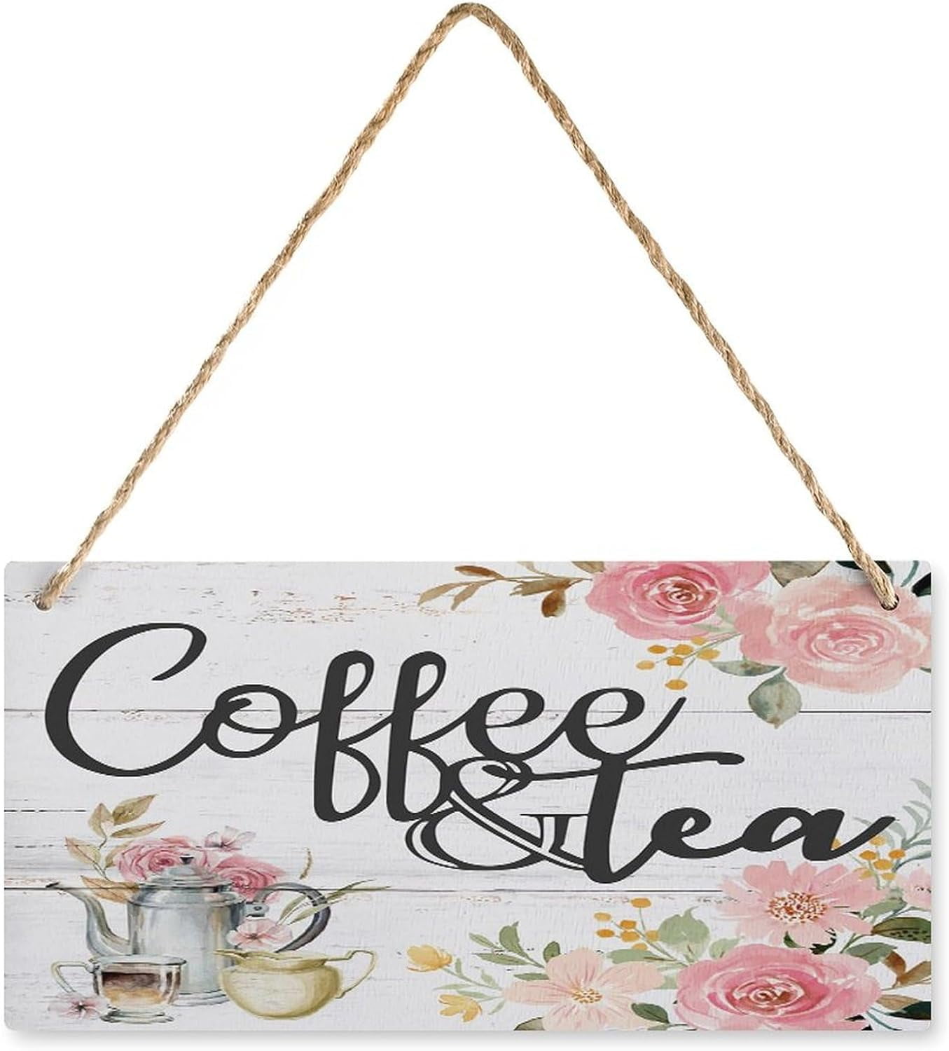 12x6 Inch Coffee And Tea Pink Floral Hanging Printed Wall Plaque Sign ...