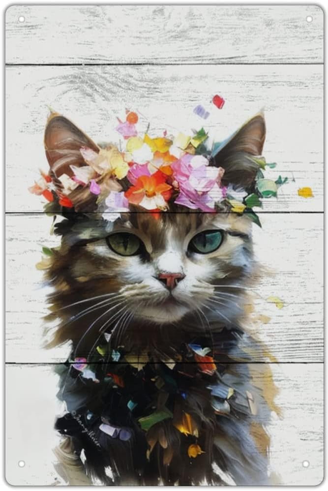 12x8 In Tin Sign, Tabby Cat Wall Decor, Cute Floral Cat Wall Art, Tin ...