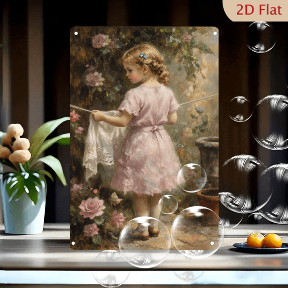 12x8 Inch Metal Wall Art, Classical Oil Painting of Young Girl in Pink ...