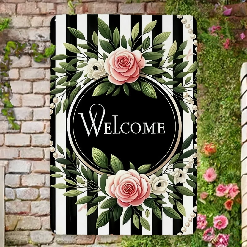 12x8 Inch Welcome Spring Floral Metal Sign With Pink Roses And Black ...