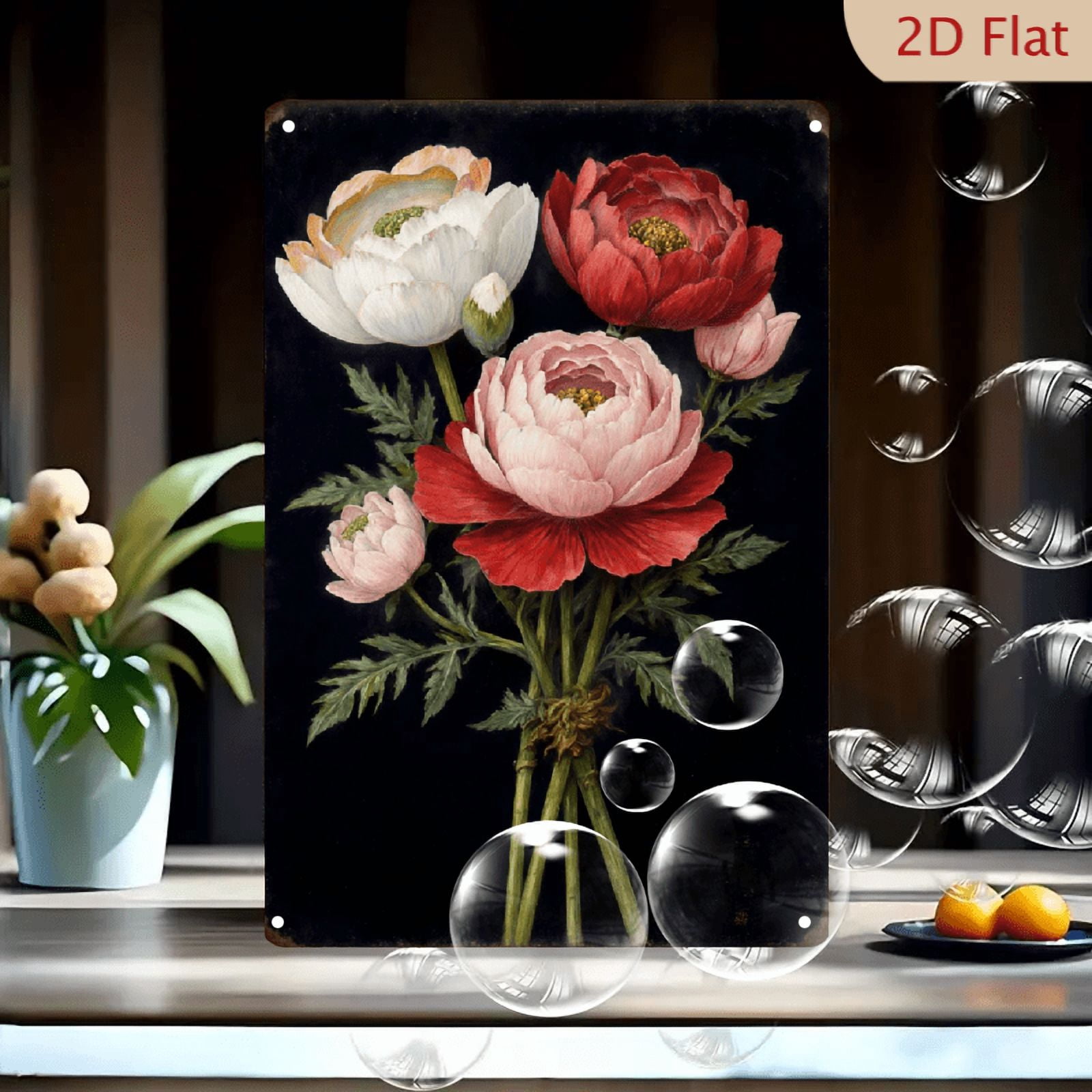 12x8 inch Metal Wall Art Peony Flower Painting, Classical Botanical ...