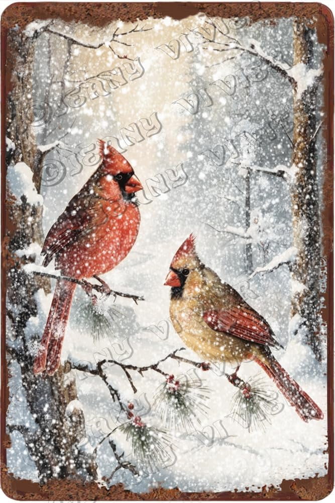 Winter Cardinal Red Birds Vintage Aluminum Sign Branches Berry Snow ...