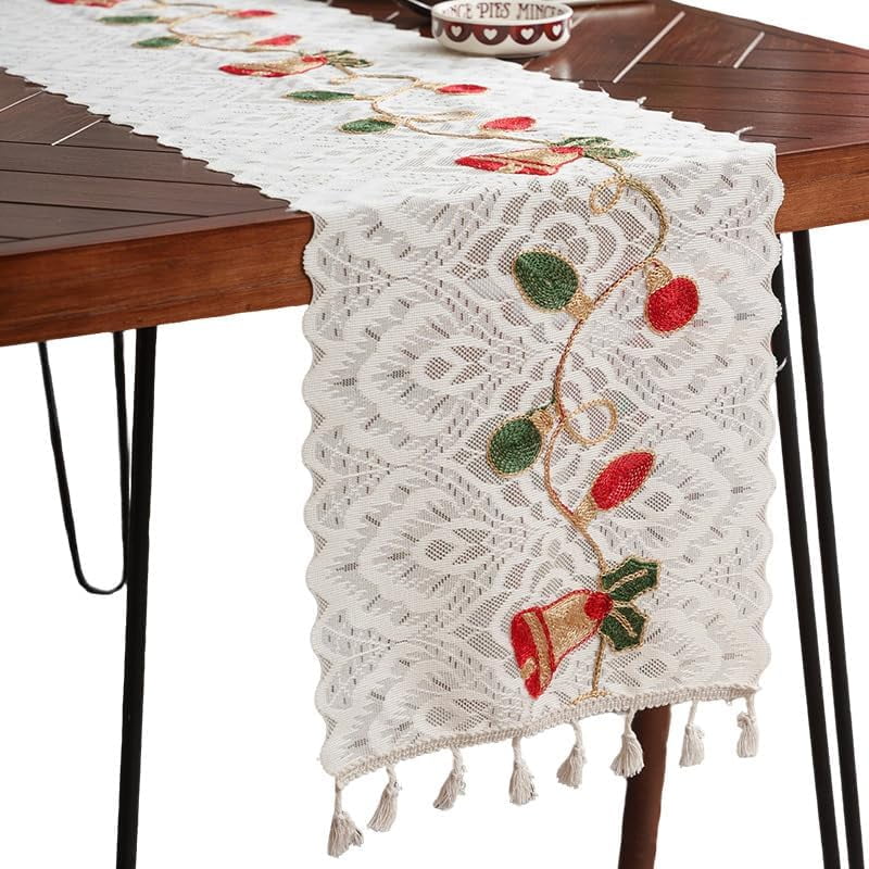 12x86 Inch White Lace Christmas Table Runner with Embroidered Bells ...