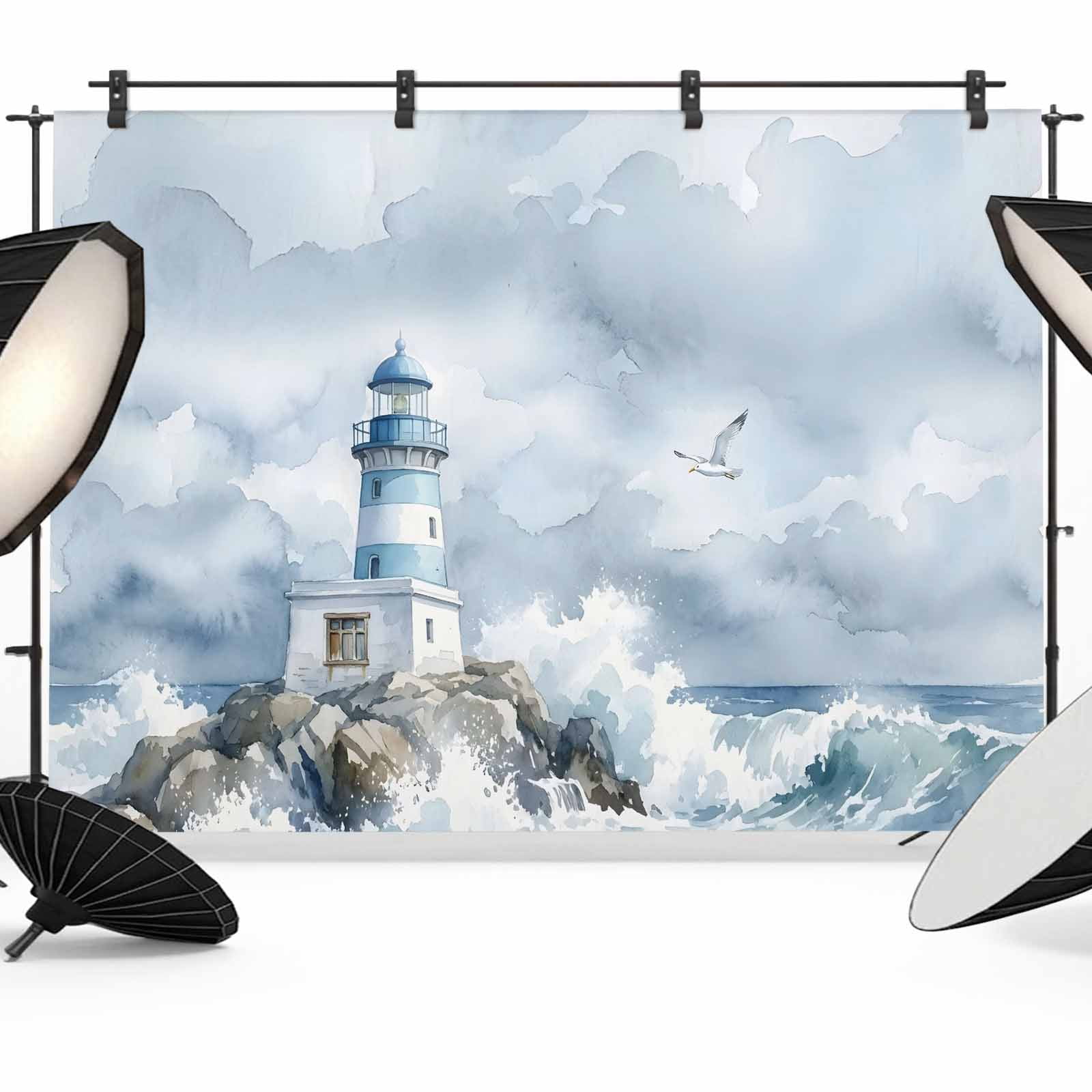 12x8ft Photo Backdrop, Coastal Lighthouse Soft Polyester Backdrop ...