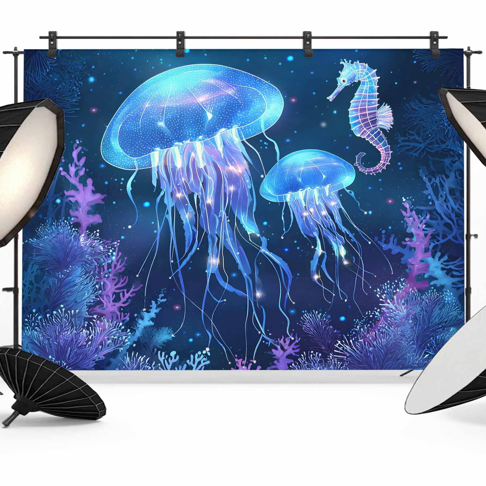 12x8ft Photo Backdrop, Purple Blue Jellyfish Soft Polyester Backdrop ...