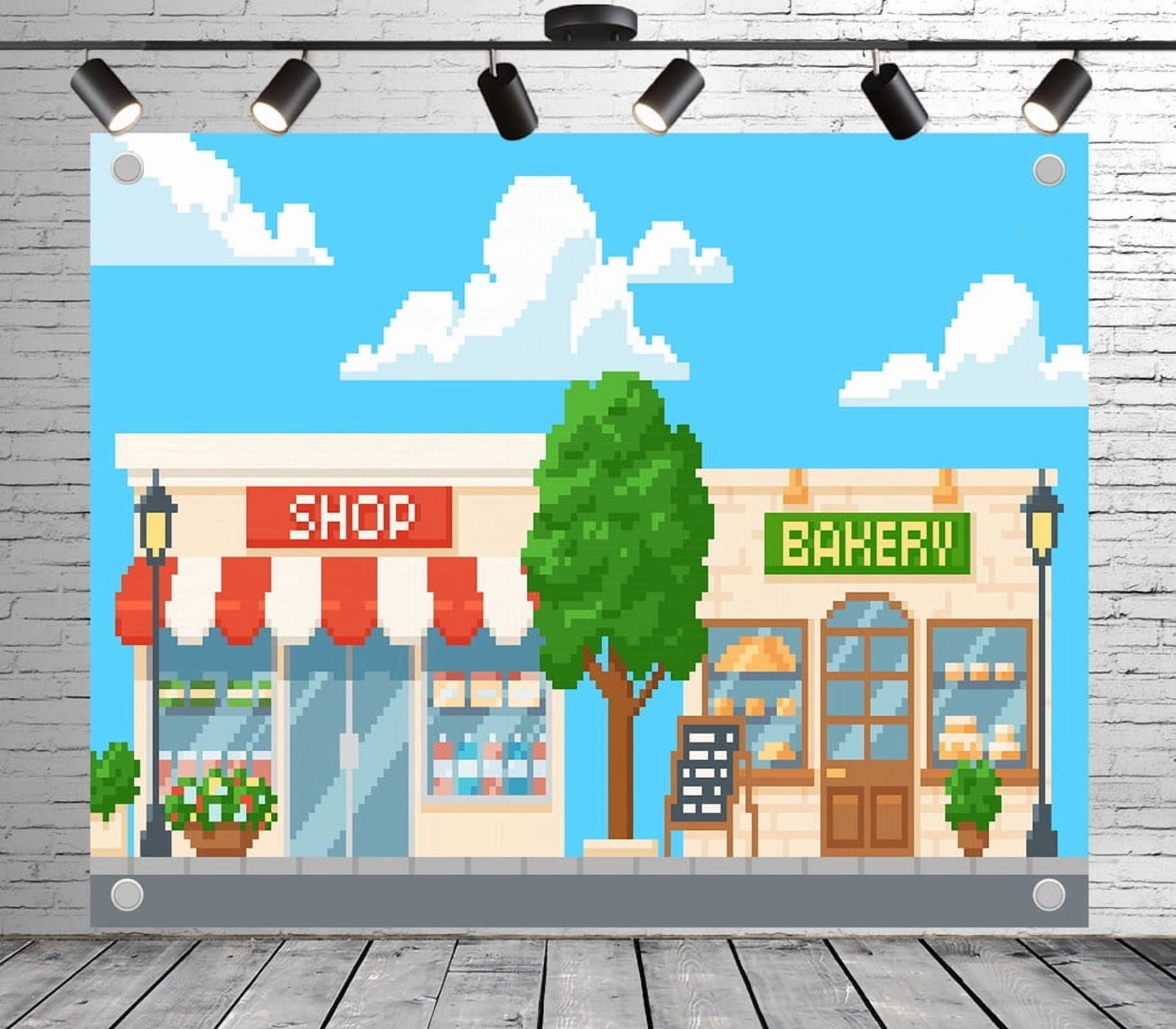 12x8ft Pixel Art Backdrop Cartoon Storefront Photo Backdrop Street Shop ...