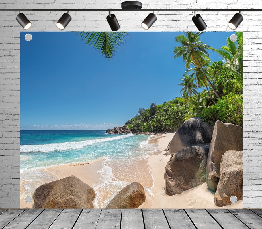12x8ft Tropical Beach Backdrop – Palm Trees, Seaside Rocks, Turquoise ...