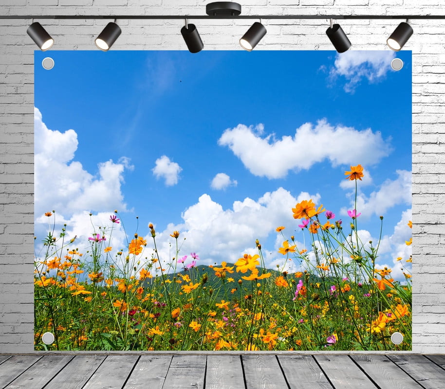 12x8ft Vivid Flower Field Blue Sky Backdrop Photoshoot Photo Backdrop ...