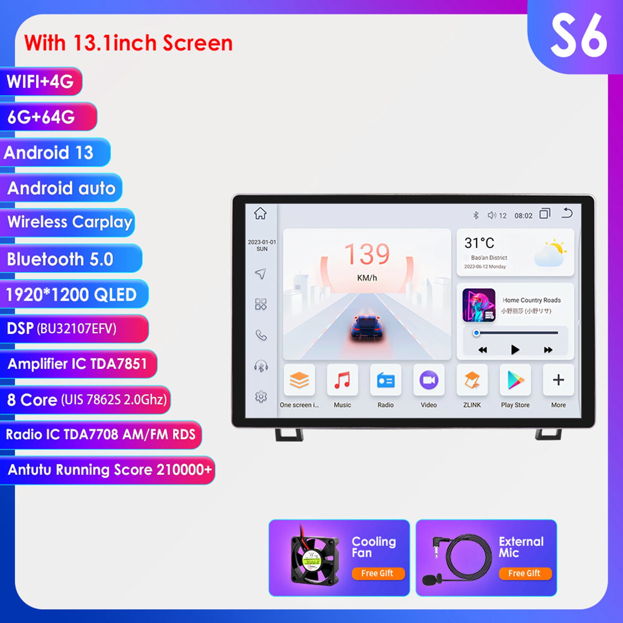 13.1" Touch Screen Android 13 Carplay Bluetooth 6+64GB Wifi RDS 8 Core Car Stereo Radio Head ...