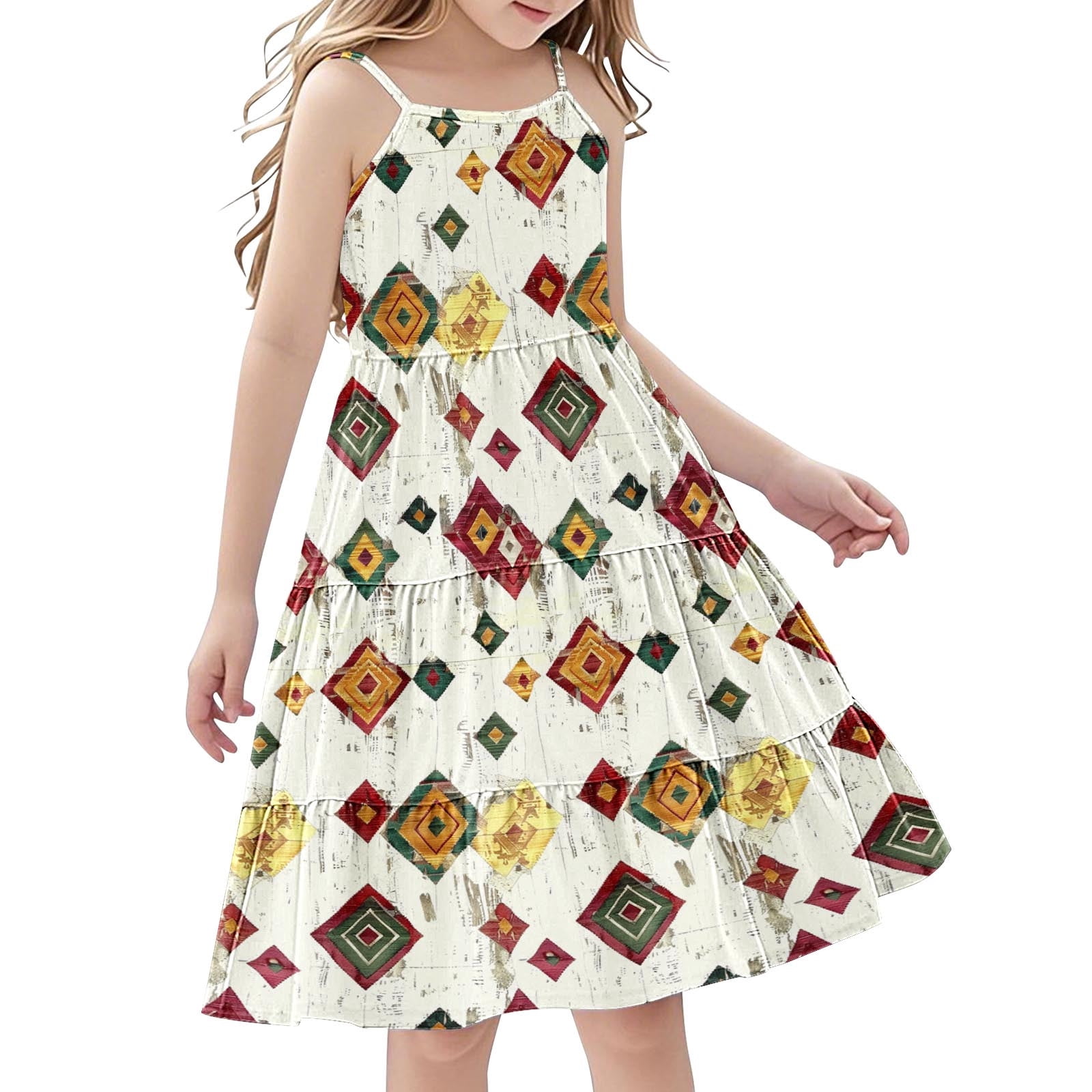 13-14 Years Girl's Summer Dresses Spaghetti Strap Swing Pleated Cotton ...